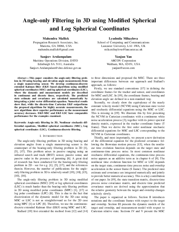 (PDF) Angle-only filtering in 3D using modified spherical and log ...