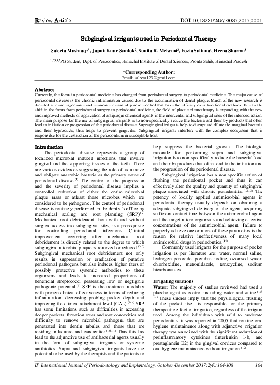 (PDF) Subgingival irrigants used in Periodontal Therapy