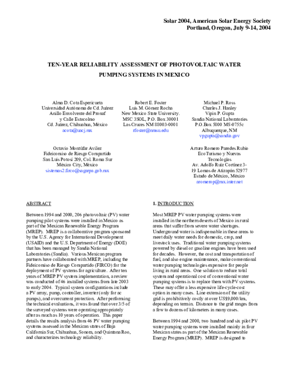 (PDF) Ten-Year Reliability Assessment of Photovoltaic Water Pumping ...