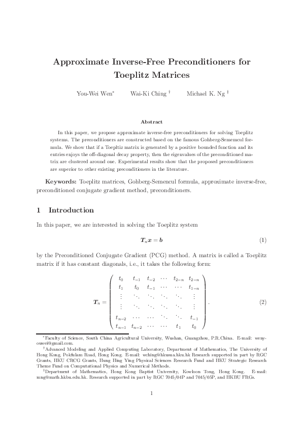 (PDF) Approximate inverse-free preconditioners for Toeplitz matrices