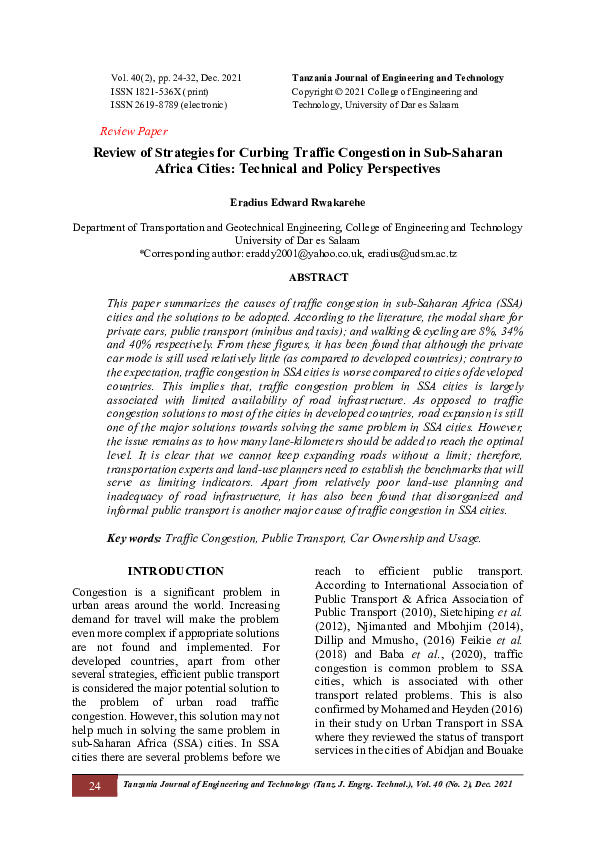 (PDF) Review of Strategies for Curbing Traffic Congestion in Sub-Saharan Africa Cities ...
