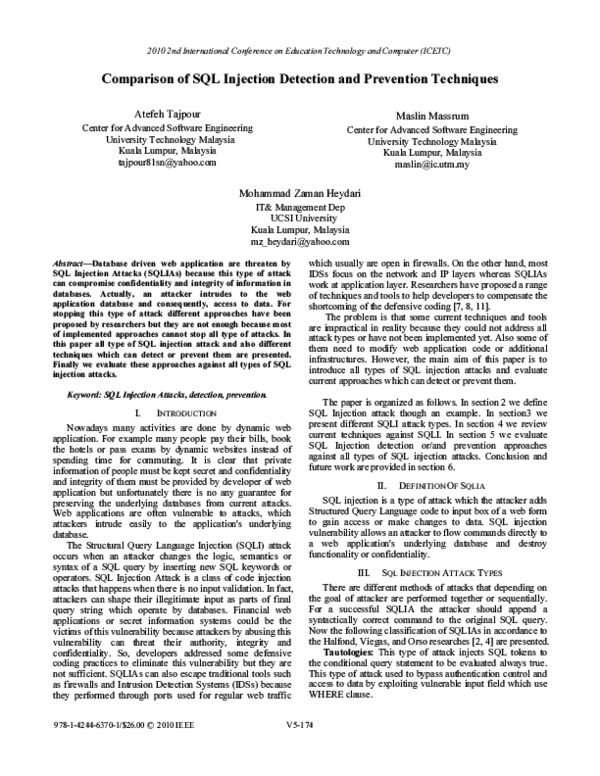 (PDF) Comparison of SQL injection detection and prevention techniques