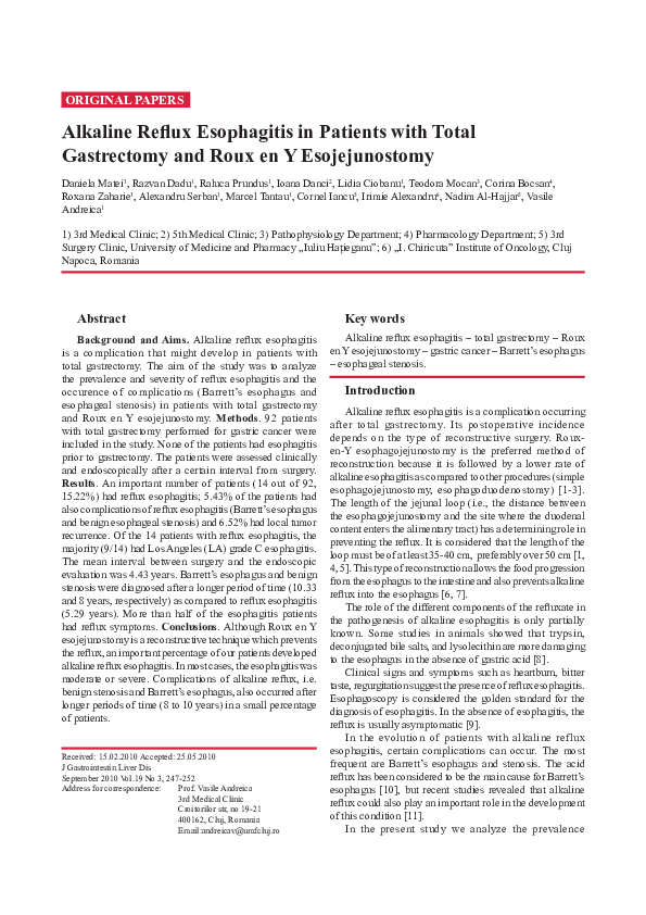 (PDF) Alkaline reflux esophagitis in patients with total gastrectomy and Roux en Y esojejunostomy