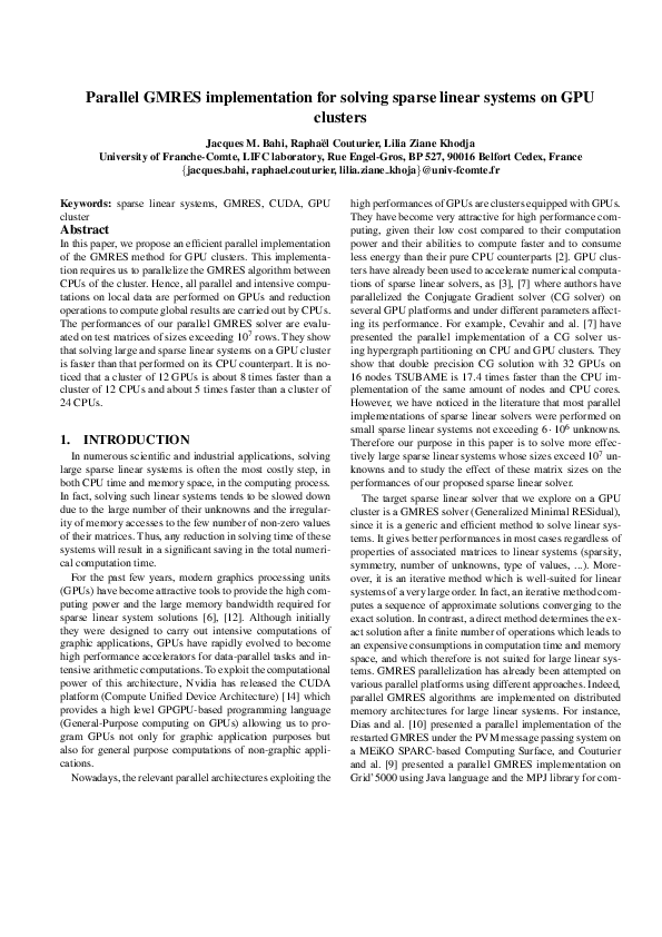 (PDF) Parallel GMRES implementation for solving sparse linear systems on GPU clusters