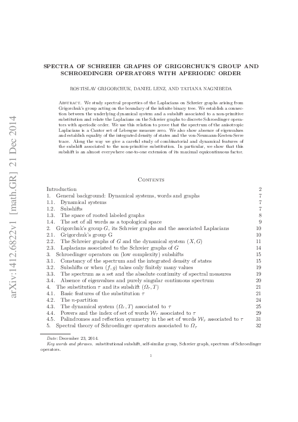 (PDF) Spectra of Schreier graphs of Grigorchuk’s group and Schroedinger ...