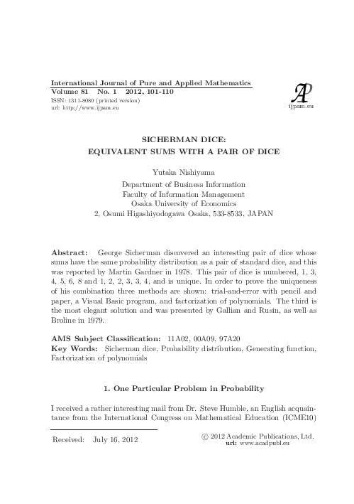(PDF) Sicherman Dice: Equivalent Sums with a Pair of Dice