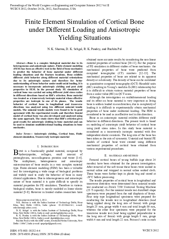 Pdf Finite Element Simulation Of Cortical Bone Under Different Loading And Anisotropic