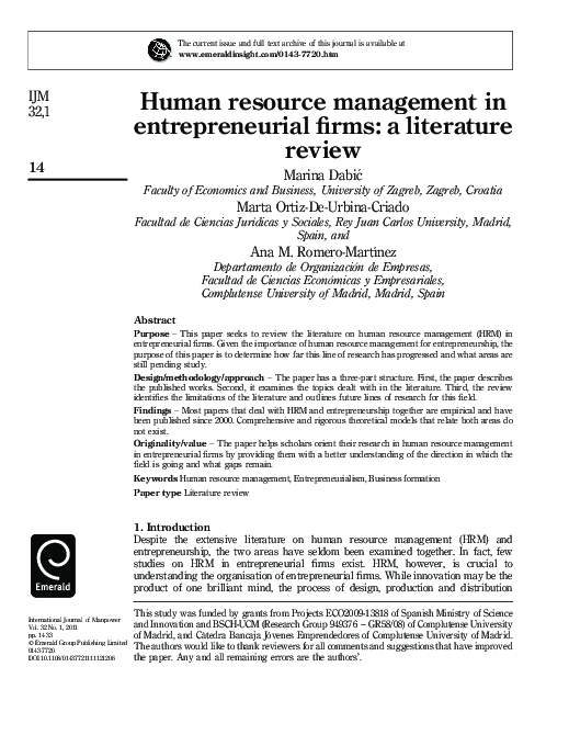 (PDF) Human resource management in entrepreneurial firms: a literature ...
