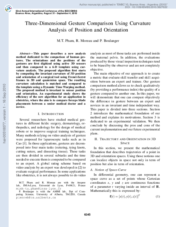 (PDF) Three-Dimensional Gesture Comparison Using Curvature Analysis of Position and Orientation