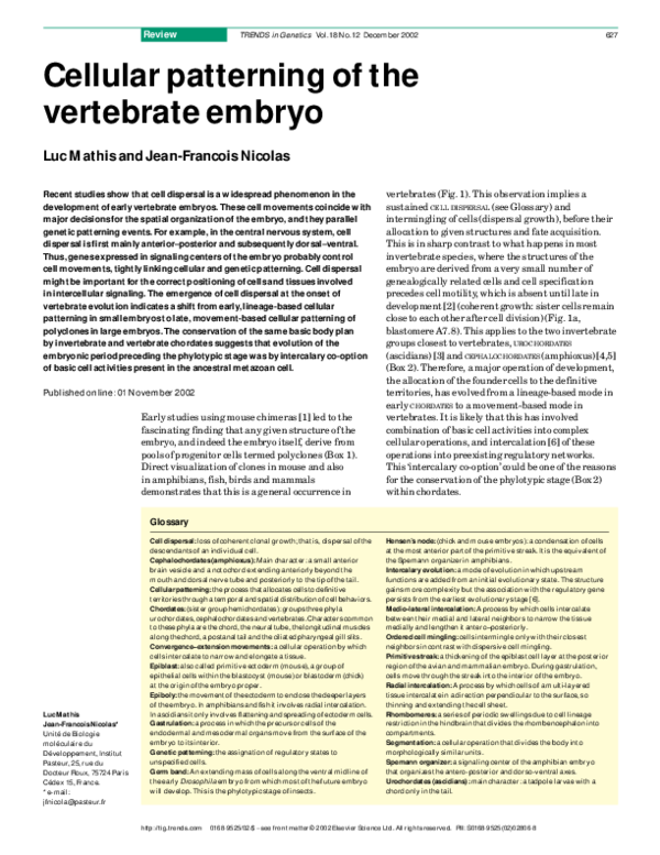 (PDF) Cellular patterning of the vertebrate embryo