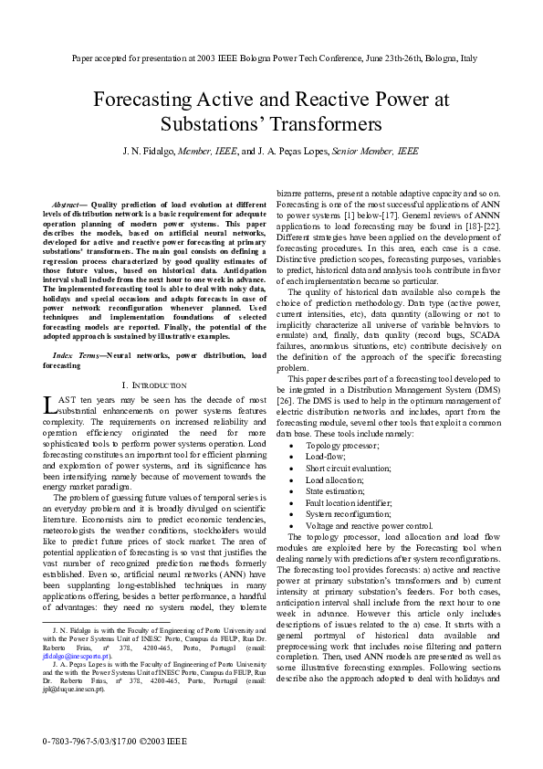 (PDF) Forecasting active and reactive power at substations' transformers