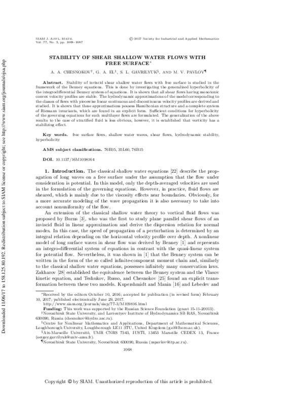(PDF) Stability Of Shear Shallow Water Flows with Free Surface