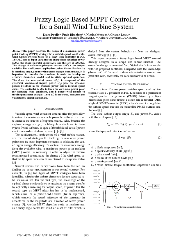 Pdf Fuzzy Logic Based Mppt Controller For A Small Wind Turbine System