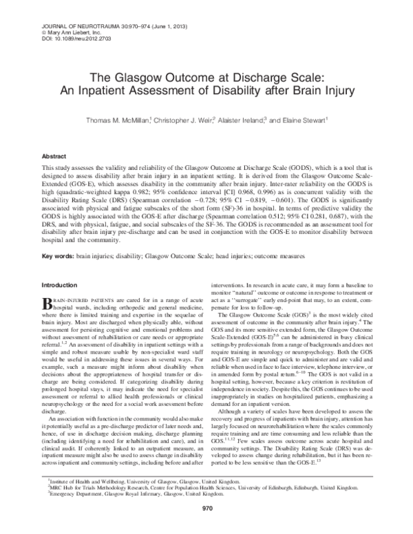 (PDF) The Glasgow Outcome at Discharge Scale: An Inpatient Assessment ...