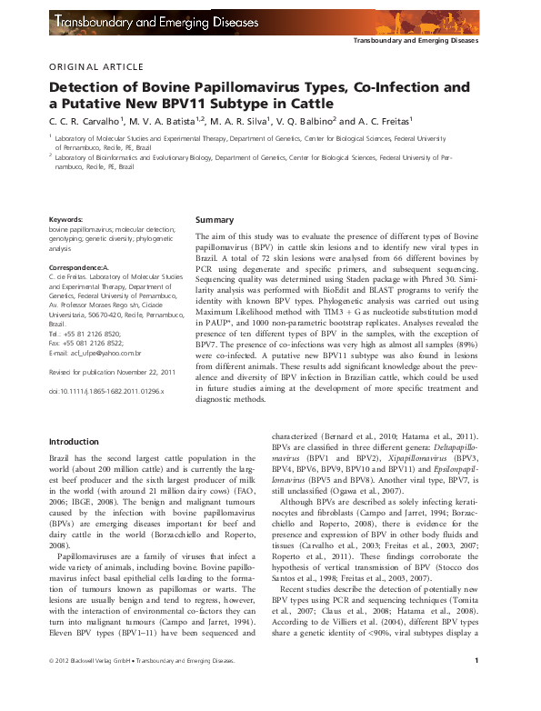 (PDF) Detection of Bovine Papillomavirus Types, Co-Infection and a ...