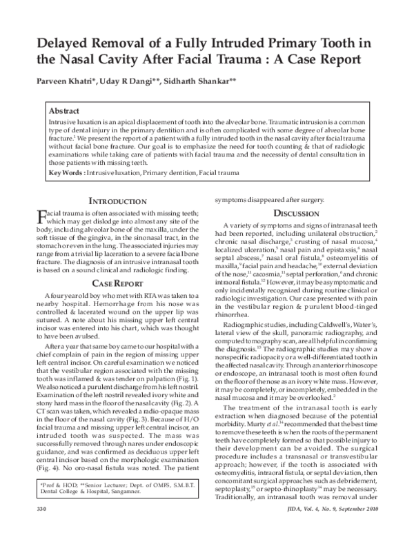 (PDF) Delayed Removal of a Fully Intruded Primary Tooth in the Nasal ...