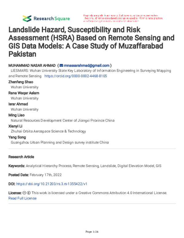 (PDF) Landslide Hazard, Susceptibility and Risk Assessment (HSRA) Based on Remote Sensing and ...