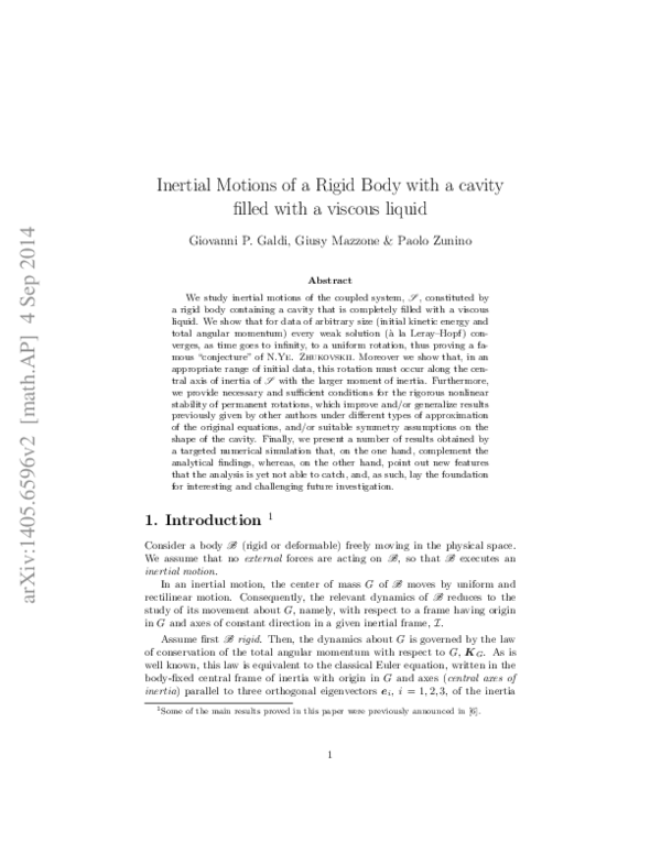 (PDF) Inertial motions of a rigid body with a cavity filled with a ...