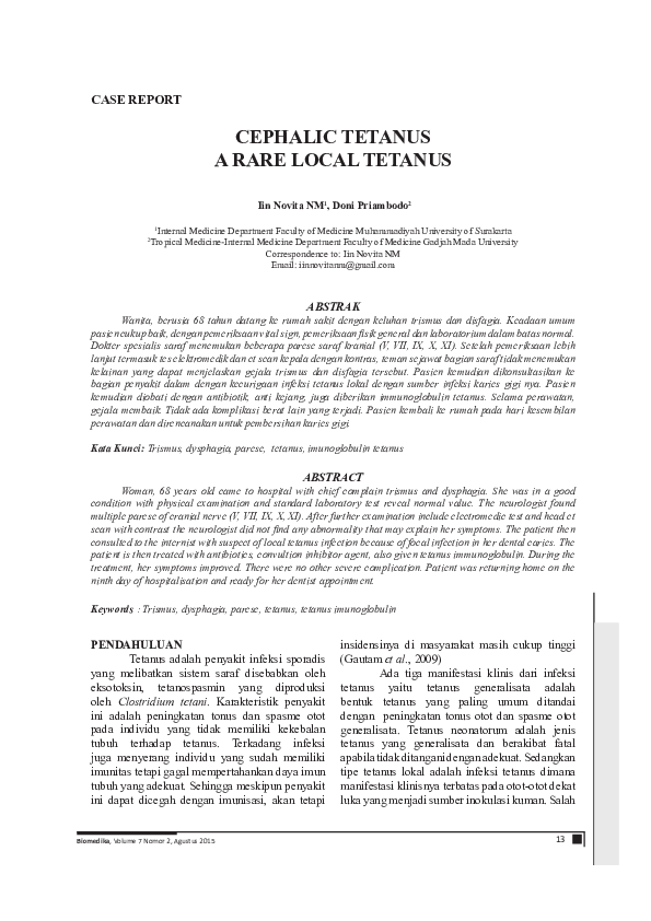 (PDF) Cephalic Tetanus a Rare Local Tetanus