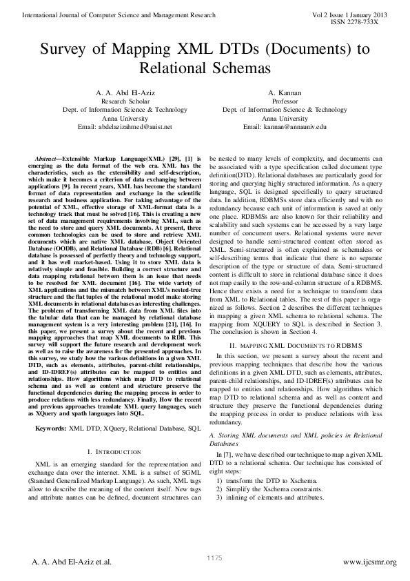 Pdf Survey Of Mapping Xml Dtds Documents To Relational Schemas