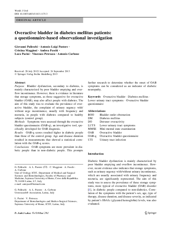 (PDF) Overactive bladder in diabetes mellitus patients: a questionnaire ...