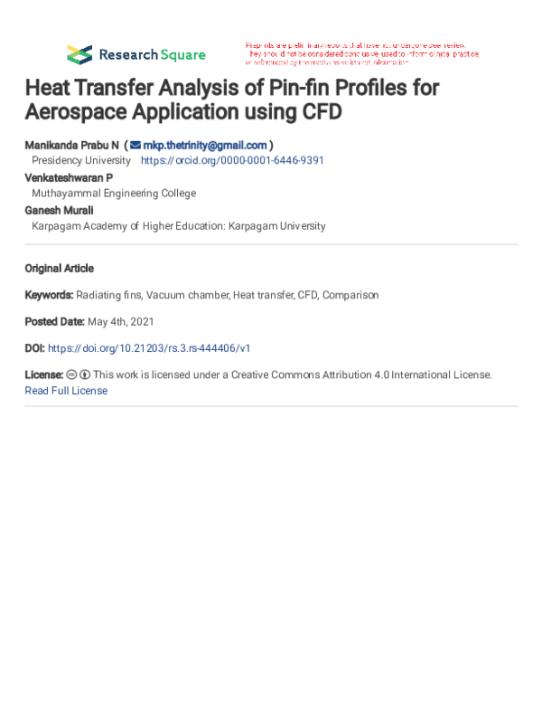(PDF) Heat Transfer Analysis of Pin-fin Profiles for Aerospace ...