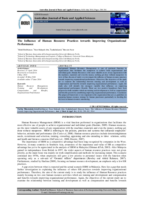 (PDF) The Influence of Human Resource Practices towards Improving Organizational Performance