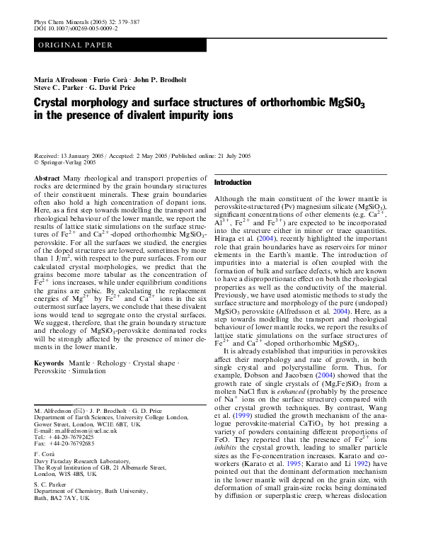 (PDF) Crystal morphology and surface structures of orthorhombic MgSiO3 ...