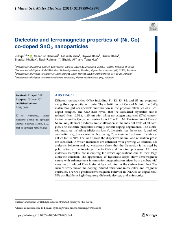 (PDF) Dielectric and ferromagnetic properties of (Ni, Co) co-doped SnO2 ...