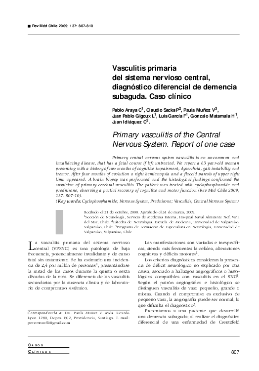 (PDF) Vasculitis primaria del sistema nervioso central; Primary vasculitis of the central ...