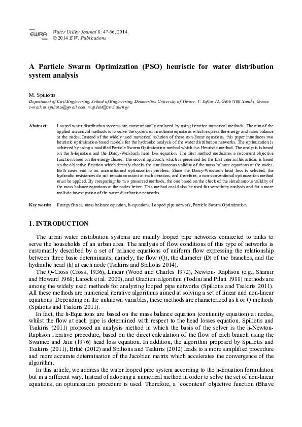 Pdf A Particle Swarm Optimization Pso Heuristic For Water Distribution System Analysis