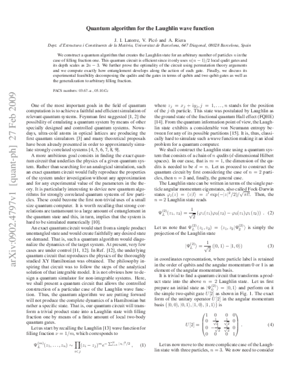 (PDF) Quantum algorithm for the Laughlin wave function