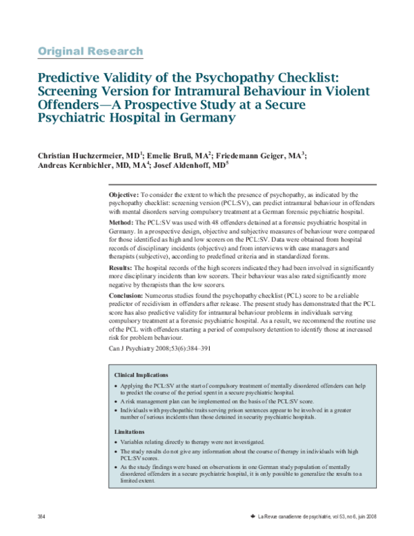 (PDF) Predictive validity of the Psychopathy Checklist: Youth Version ...