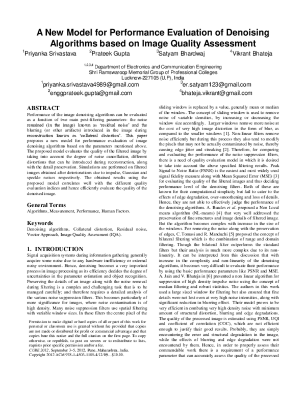 Pdf A New Model For Performance Evaluation Of Denoising Algorithms Based On Image Quality