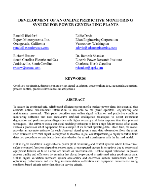 (PDF) Development of an Online Predictive Monitoring System for Power Generating Plants