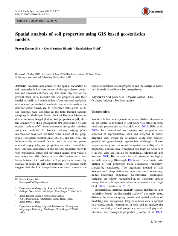 (PDF) Spatial analysis of soil properties using GIS based geostatistics models
