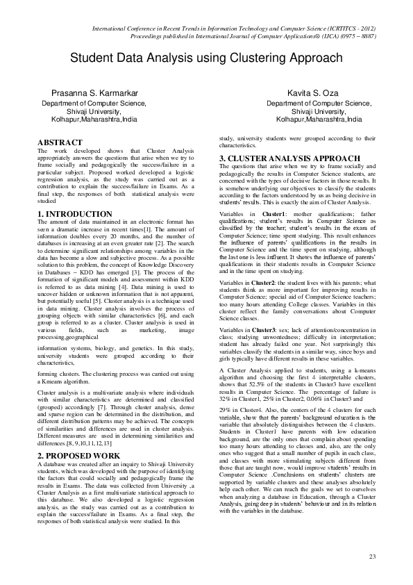 (PDF) Student Data Analysis using Clustering Approach