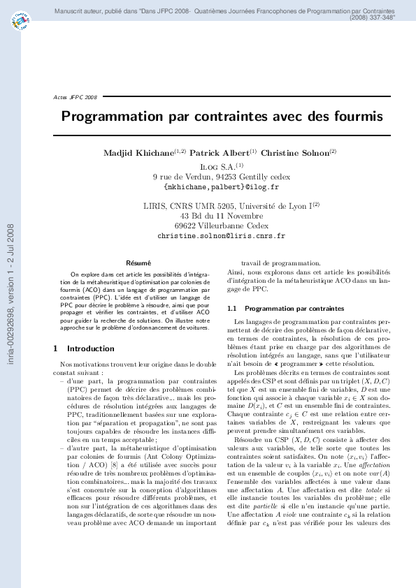 (PDF) Programmation par contraintes avec des fourmis