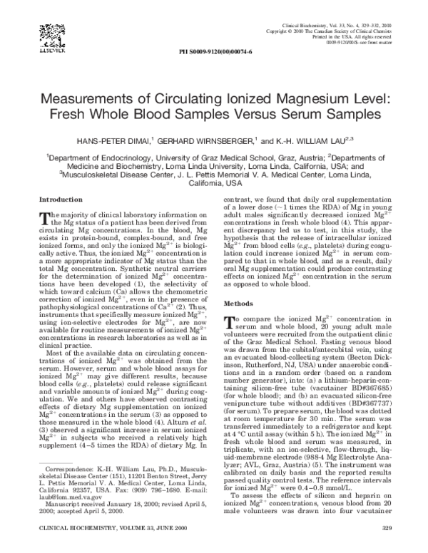 (PDF) Measurements of circulating ionized magnesium level: fresh whole ...