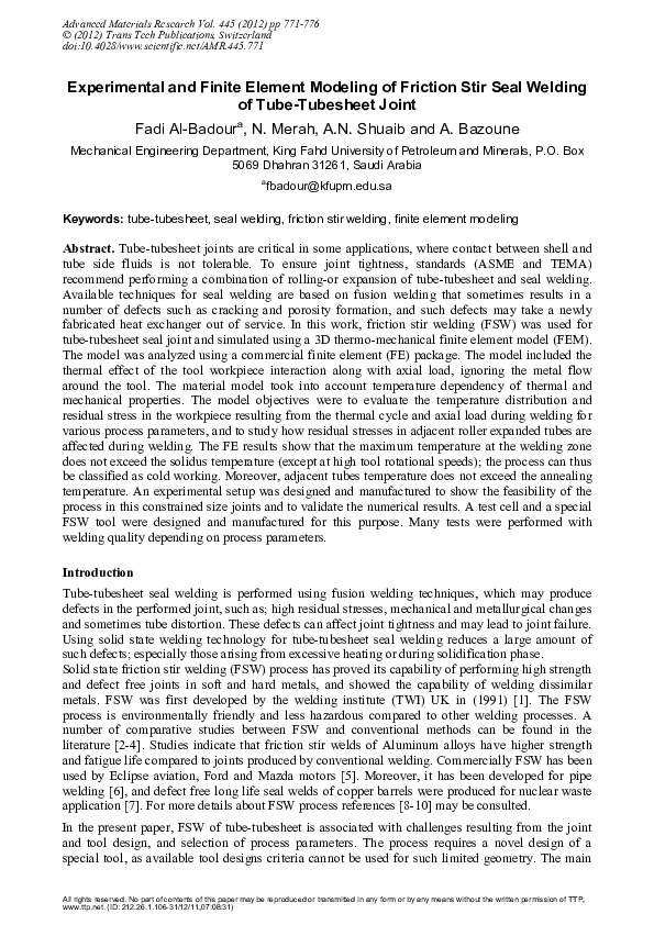 Pdf Experimental And Finite Element Modeling Of Friction Stir Seal