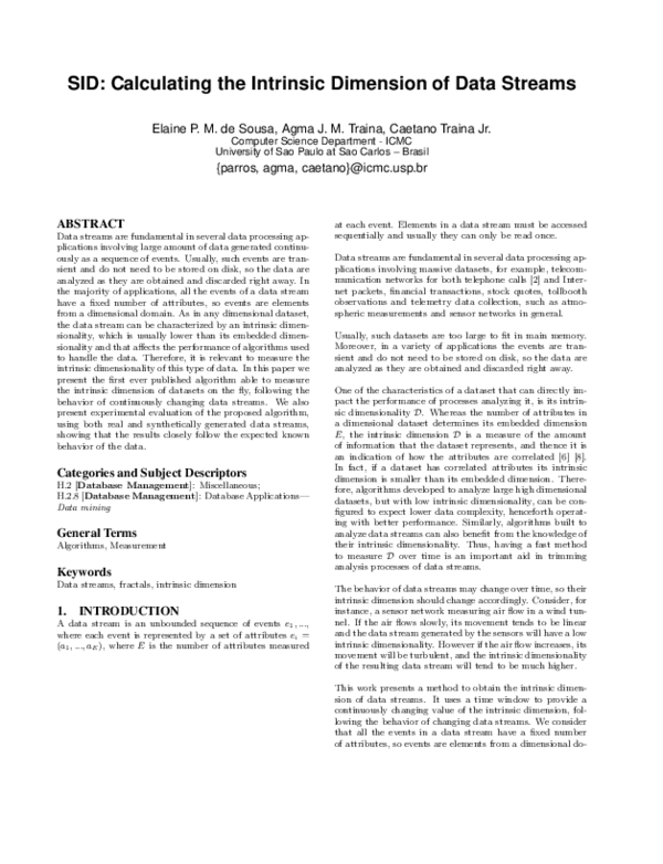 (PDF) SID: Calculating the intrinsic dimension of data streams