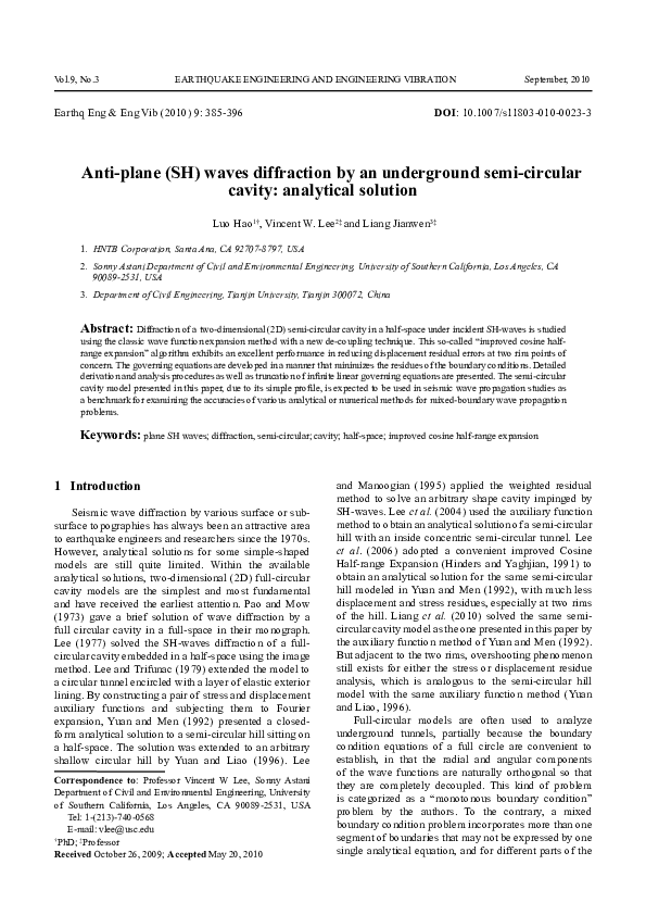 (PDF) Anti-plane (SH) waves diffraction by an underground semi-circular cavity: analytical solution