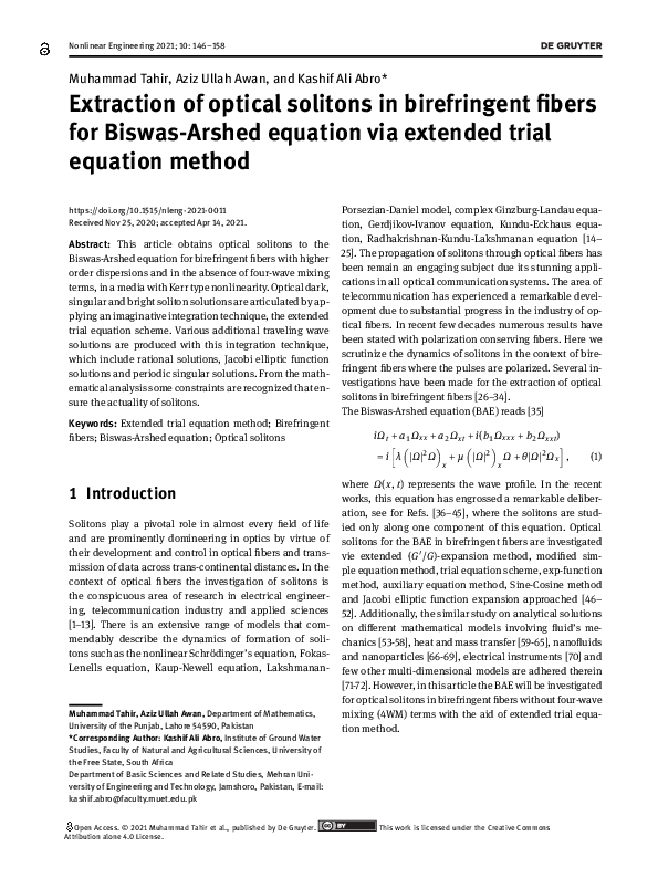 (PDF) Extraction of optical solitons in birefringent fibers for Biswas-Arshed equation via ...