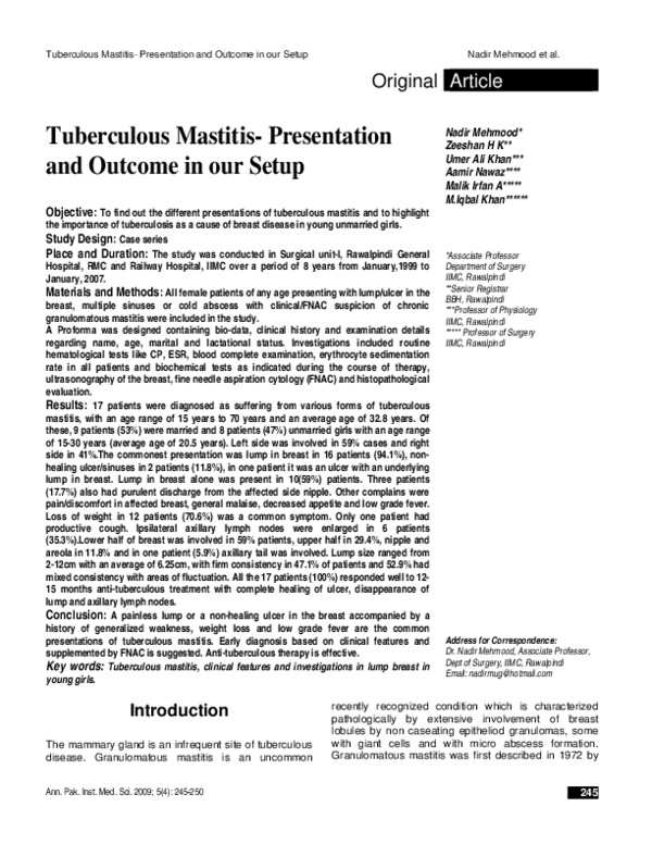(PDF) Tuberculous Mastitis- Presentation and Outcome in our Setup ...