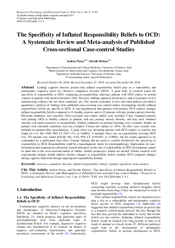 (PDF) The Specificity of Inflated Responsibility Beliefs to OCD: A ... (PDF) The Specificity of Inflated Responsibility Beliefs to OCD: A ...