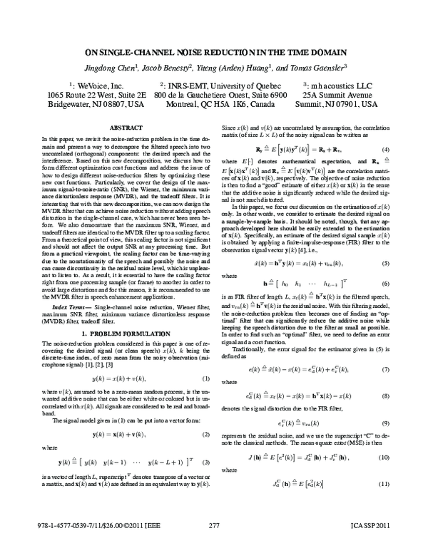 (PDF) On single-channel noise reduction in the time domain