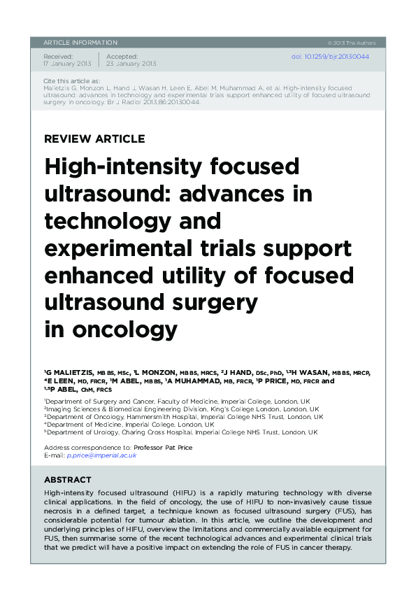 (PDF) High-intensity focused ultrasound: advances in technology and ...