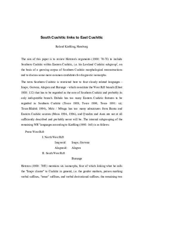 (PDF) South Cushitic links to East Cushitic