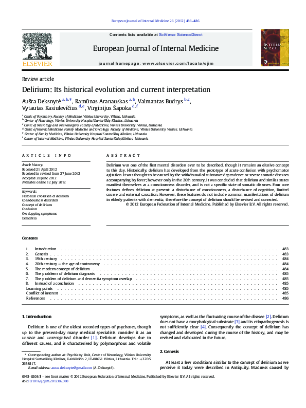 (PDF) Delirium: Its historical evolution and current interpretation