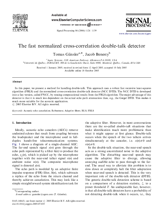 Pdf The Fast Normalized Cross Correlation Double Talk Detector